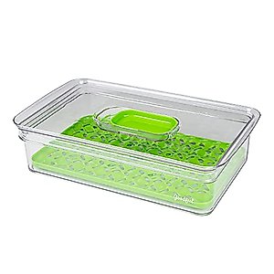 Goodful Produce Keeper, Adjustable Air Vents, Removable Insert/Colander, Durable Food Safe Material, Stackable, Clear and Green, Flat, 11.6" x 6.8" x 2.8"