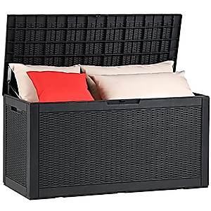 YITAHOME 100 Gallon Large Resin Deck Box Outdoor Storage Boxes for Patio Furniture & DC America UBP18181-BR 18-Inch Cast Stone Umbrella Base, Made from Rust Free Composite Materials