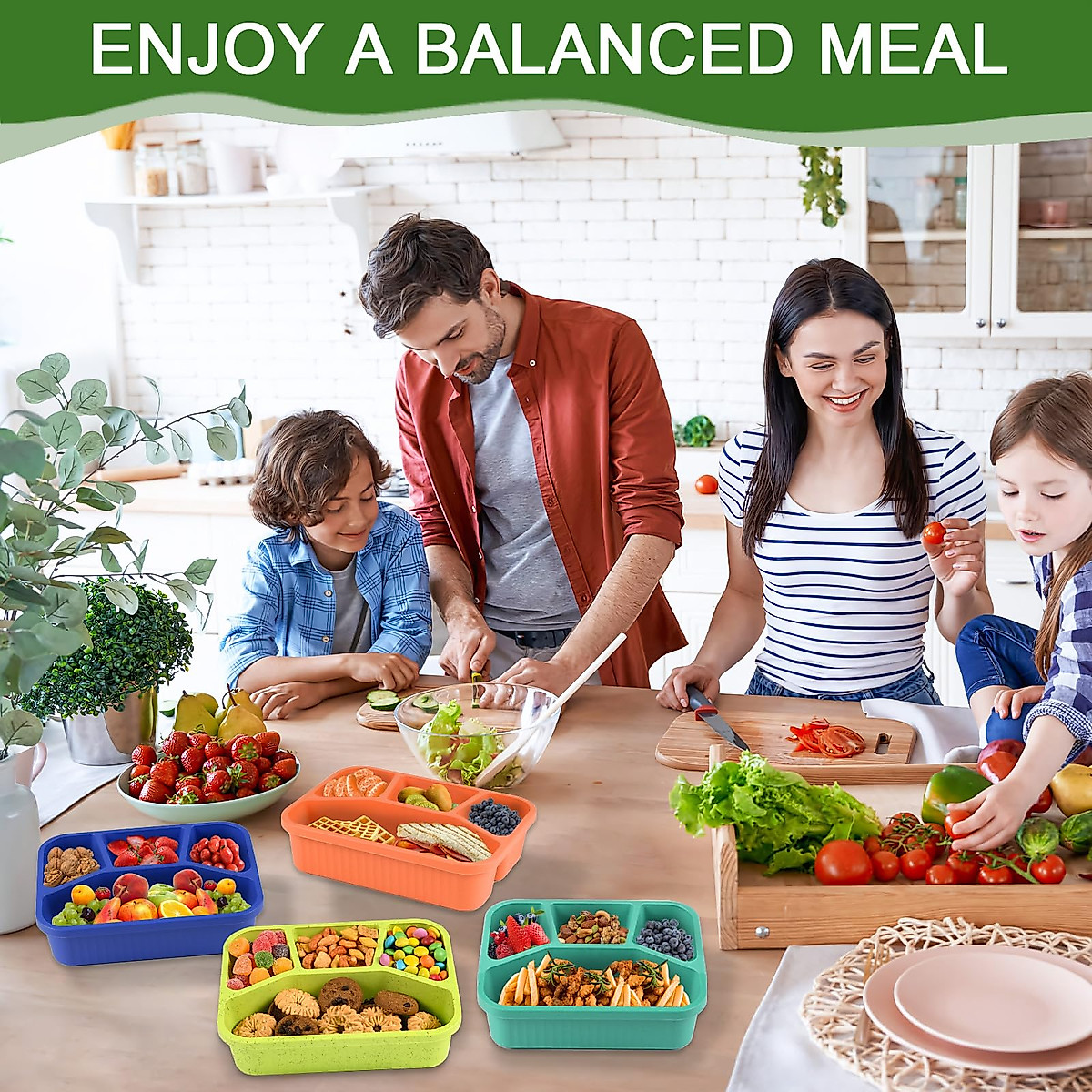 BIEOFFEI 4 Pack Bento Box Lunch Boxes for Adults, 4 Compartment Meal Prep Containers with Lids, Reusable Bento Box Snack Containers for Work, Travel, Picnic, Microwave & Dishwasher Safe