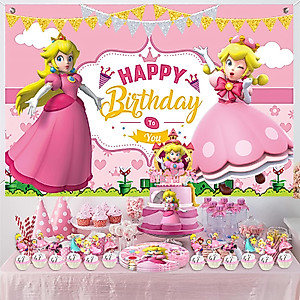 51 Pcs Princess Peach Birthday Party Decoration,Princess Peach Party Supplies Include Happy Birthday Backdrop,paper plates,cake toppers and latex balloons