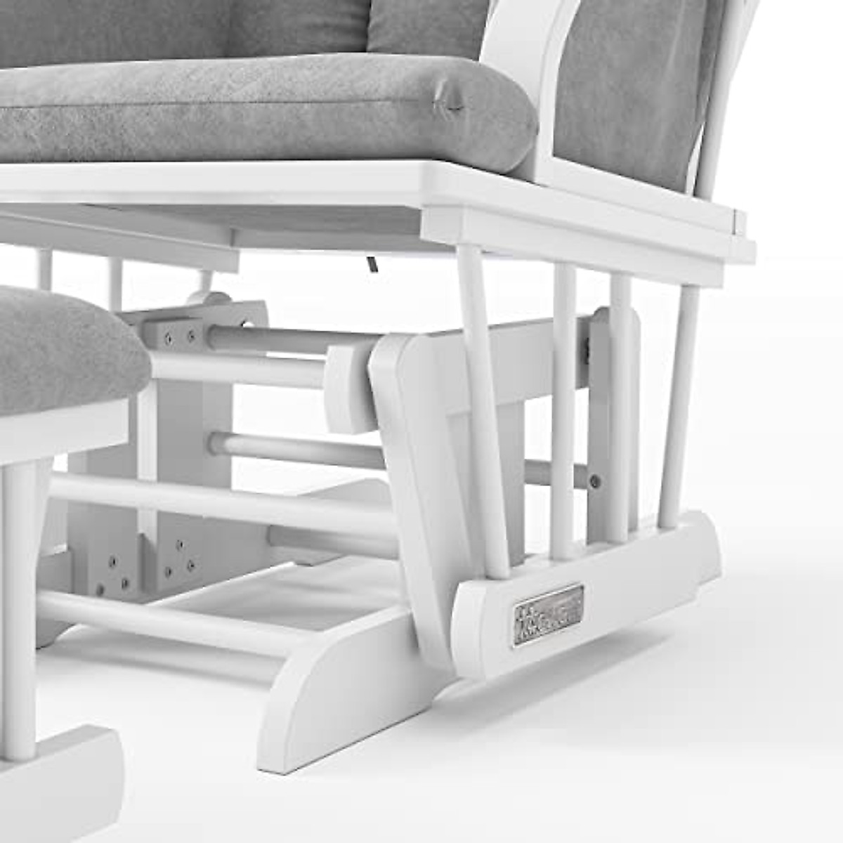 Child Craft Cozy Glider Rocker and Ottoman Set, Padded Cushion with Storage Pockets, Solid Wood Base, Matte White with Light Gray Cushion