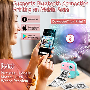 Instant Print Camera for Kids,Inkless Sticker Printer for Girls Boys Age 3-12, 20MP HD Digital Video Cameras, Mini Thermal Printer Kid Toy with 3 Rolls Photo Paper, 5 Color Pens, 32GB Card-Pink