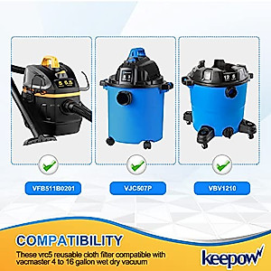 KEEPOW VRC5 Cloth Filter Bags for Vacmaster 4 to 16 Gallon Wet/Dry Vacuums VBV1210 VJC507P, 4 Pack