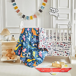 Dinosaur Crib Bedding Set - 3 Pieces Navy Dino Baby Quilted Crib Comforter with Crib Fitted Sheet and Crib Skirt for Boys Girls Cute Colorful Baby Bed Set with Blue Pink Orange Yellow Dinosaurs