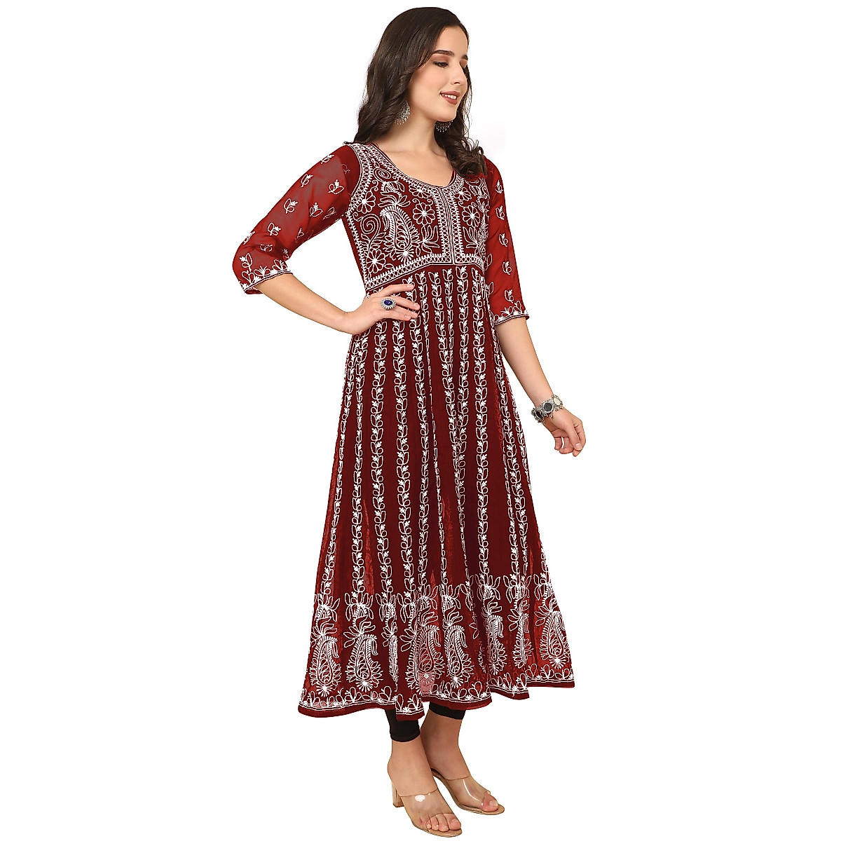 EthnicJunction Women's Georgette Chikankari Embroidery Anarkali Kurta (X Large) (Rust Orange)