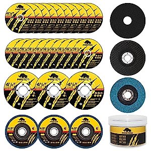 PRETEC 26 Packs Angle Grinder Cutting Flap Grinding Disc Wheel 4 1/2in Inches - 20 Packs 4.5"x1/4"x7/8" Cut Off Wheels,3 Packs 4.5"x7/8" 60 Grit Flap Discs, 3 Packs 4.5"x1/25"x7/8" Grinding Wheels