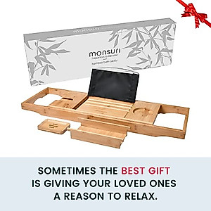 Bath Caddy Tray for Tub: Bamboo Bathtub Tray Caddy Expandable with Wine Glass Holder and Book Stand. Luxury Bubble Bath Accessories & Spa Decor. Self Care Gifts for Women, Birthday Gift for Mom.