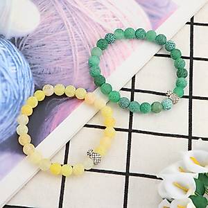 POSHFEEL Pineapple Charm Bracelets for Lovers Couple 8mm Weathering Stone Beads Bracelet, 7.5" Yellow&Green