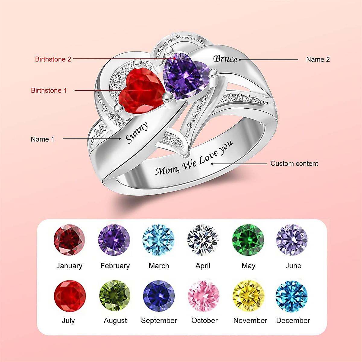 Personalised 2 Birthstones Ring for Women Mother Ring Promise Rings Couples Ring with 2 Names and Heart Birthstones Gifts for Wife Mom Girlfriend Christmas Customized Ring