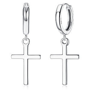 Milacolato S925 Sterling Silver Cross Hoop Earrings 18K White Gold Plated Minimalist Dangle Cross Huggie Cuff Earrings Hypoallergenic Lightweight Trendy Cross Hoop Earrings for Men Women