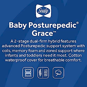 Sealy Baby Posturepedic Grace Baby Crib Mattress-Premium 2-Stage Toddler Bed Mattress- Waterproof Crib Mattress- Hybrid Coil and Foam Breathable Baby Mattress for Crib- Cotton- Certified for Safety