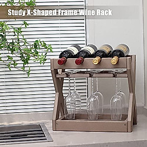 KORVOS Countertop Wine Racks with Glass Holder，4 Bottles Small Wine Rack,High-Density PE Tabletop Wine Bottle Holder for Kitchen, Living Room, Wine Cellar,Bar(Apricot Color)
