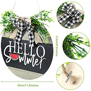 Jetec Hello Summer Sign Wood Door Hanger Rustic Watermelon Plaque Porch Decor Wooden Round Hello Summer Sign with Burlap Bow Wreaths for Summer Home Farmhouse Porch Garden Yard Decoration