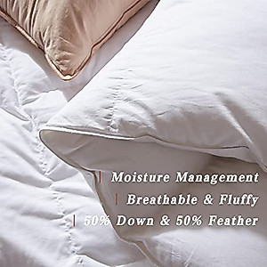 zzlamb Lightweight Down Feather Comforter Queen Size, All Season Medium Warm Down Duvet Insert Fluffy Down Blanket, Soft Cotton-Blended Shell Down Proof Duvet with Corner Tabs, 90x90 inches White