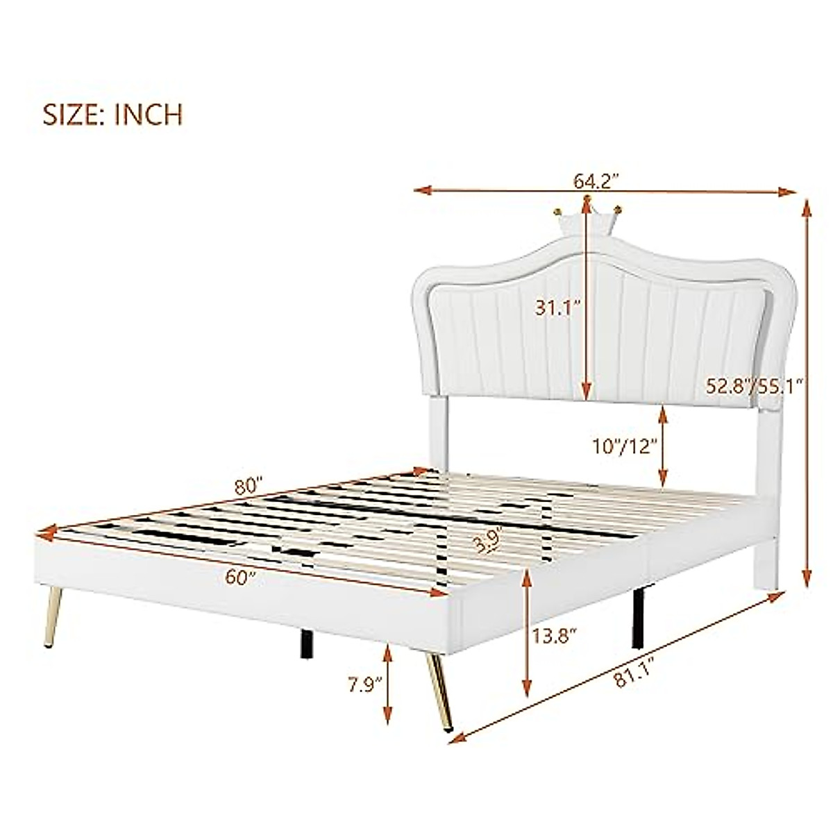 Upholstered Princess Bed Platform Bed, Queen Size Fun Cute Bed Frame with Adjustable Crown Shaped Headboard and LED Lights, Kids Bedroom Furniture Princess Bed Upholstered Bed (White)