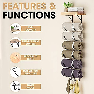 HULISEN Towel Racks for Bathroom, Wall Mounted Towel Rack with Wooden Shelf & 4 Hooks, Extended Wall Mount Towel Holder, Metal Bath Towel Holder for Bath Storage Organizer and Decor, Matte Black