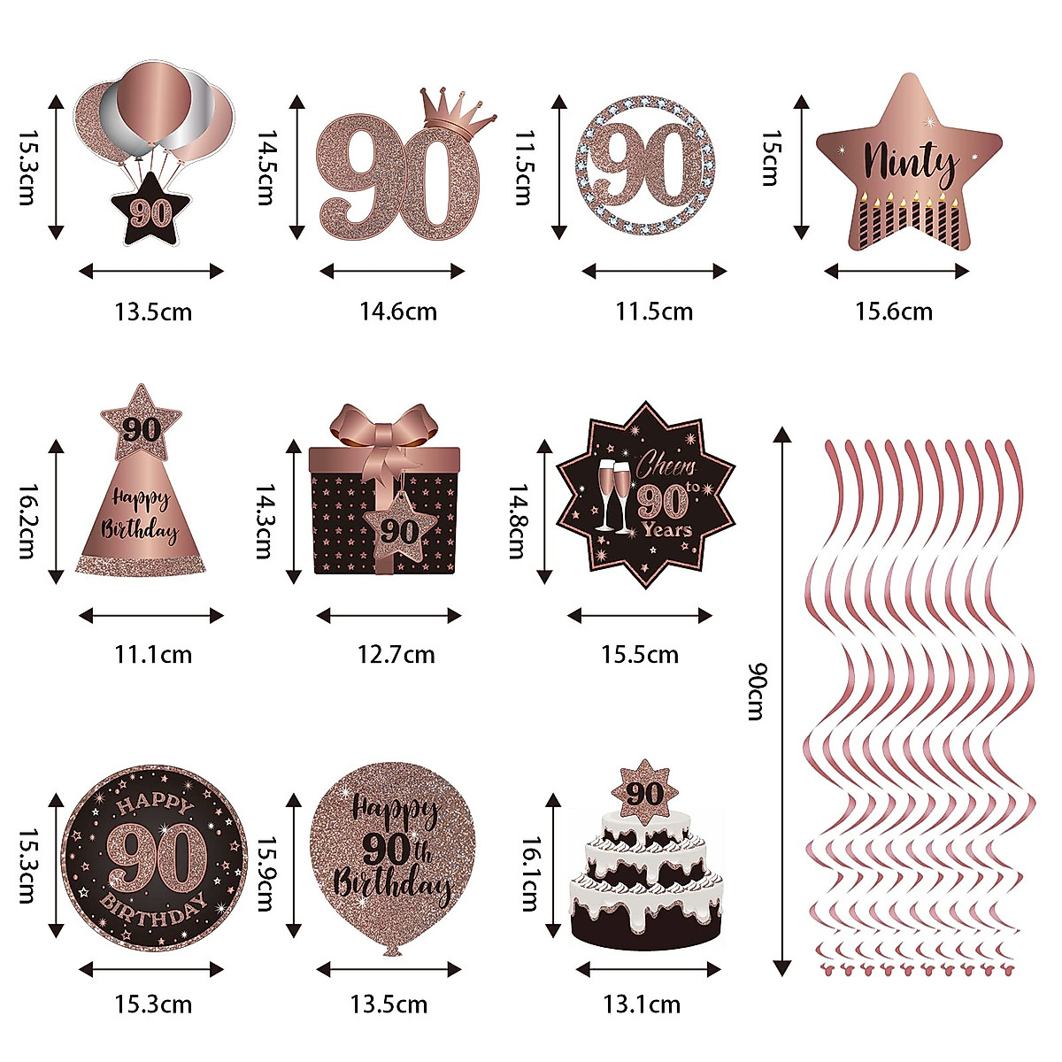 Happy 90th Birthday Party Hanging Swirls Streams Ceiling Decorations, Celebration 90 Foil Hanging Swirls with Cutouts for 90 Years Old Rose Gold Birthday Party Decorations Supplies