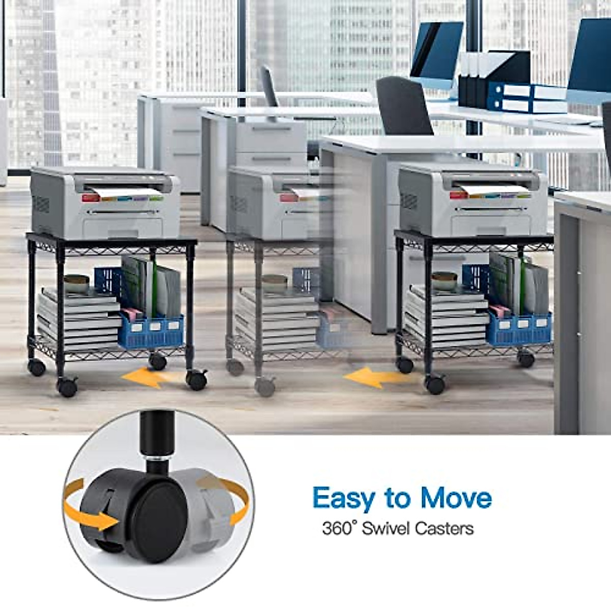 HUANUO Under Desk Printer Stand, 2 Tier Printer Cart for Storage, Mobile Printer Table with Swivel Wheels, Holds up to 100lbs, Perfect Desk Organizer Shelf for Home & Office, HNPS02