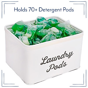 AuldHome Enamelware Laundry Pod Holder; Rustic White Laundry Pod Storage Container