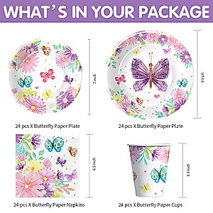 Xigejob Butterfly Party Decorations Tableware - Butterfly Birthday Party Supplies Include Plate, Cup, Napkin, Tablecloth, Cutlery, Straws, Butterfly Baby Shower Birthday Party Decorations | Serve 24