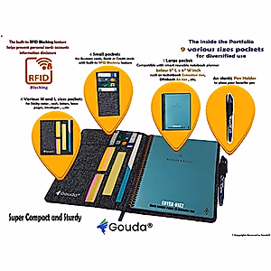 Gouda Bifold Portfolio Notebook Cover , Portfolio Organizer with Pen Loop , Large , Meduim and Small Pockets , Business Card Holder with RFID Blocking Feature , Ribbon Bookmark , Leather Water-resistante Fabric Case , for Smart Reusable Notebook Planner ,