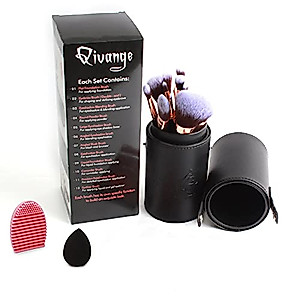 Qivange Makeup Brushes, Professional Foundation Eyeshadow Blending Brushes Set with Brush Holder+ Sponge & Brush Cleaner(Black with Rose Gold, 12pcs)