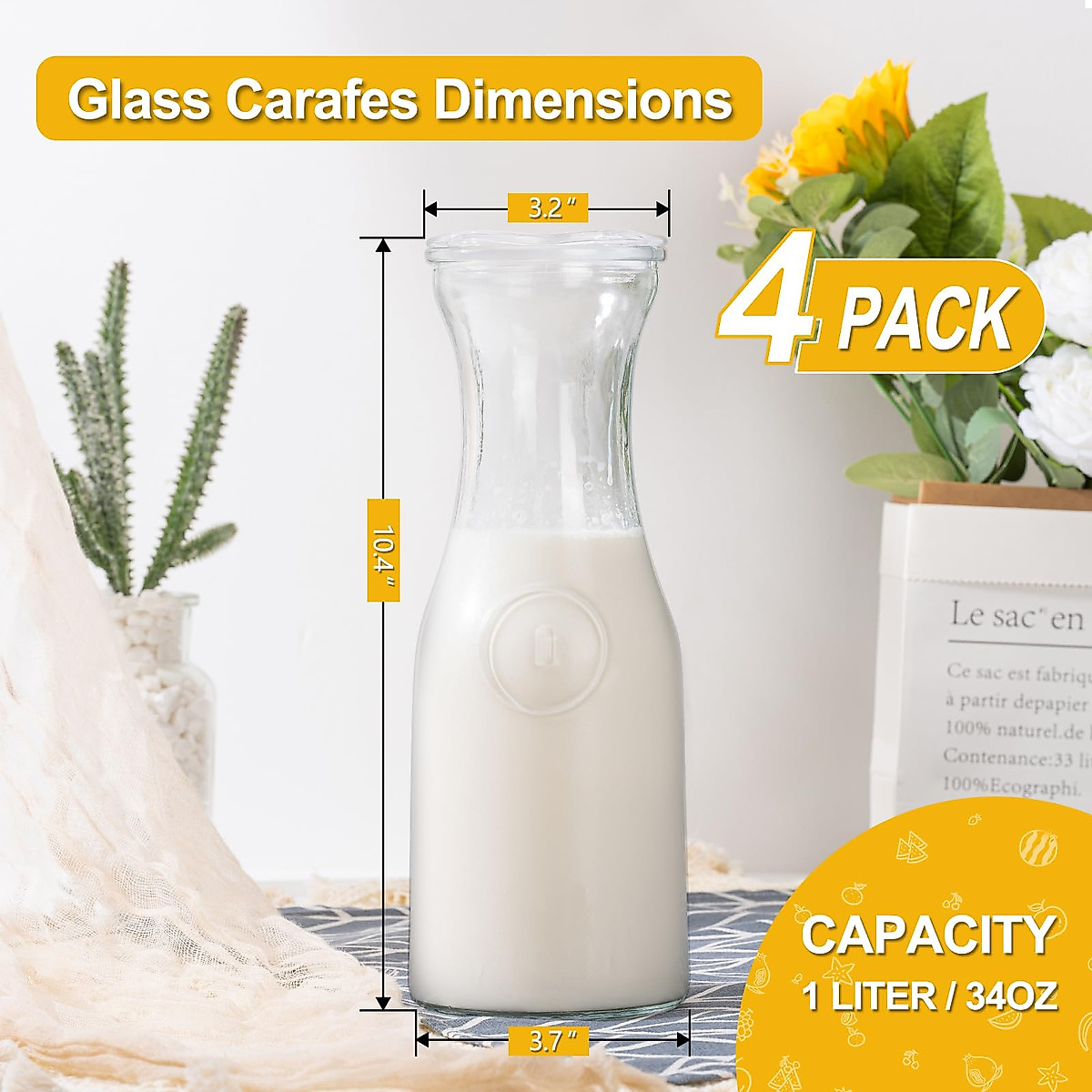 Woisut Set of 4 Glass Carafe with Lid, 1 Liter Beverage Glass Carafe, Juice Carafe Water Pitcher for Mimosa Bar Supplies, Brunch, Drink, Milk, Cold Water, Iced Tea, Lemonade