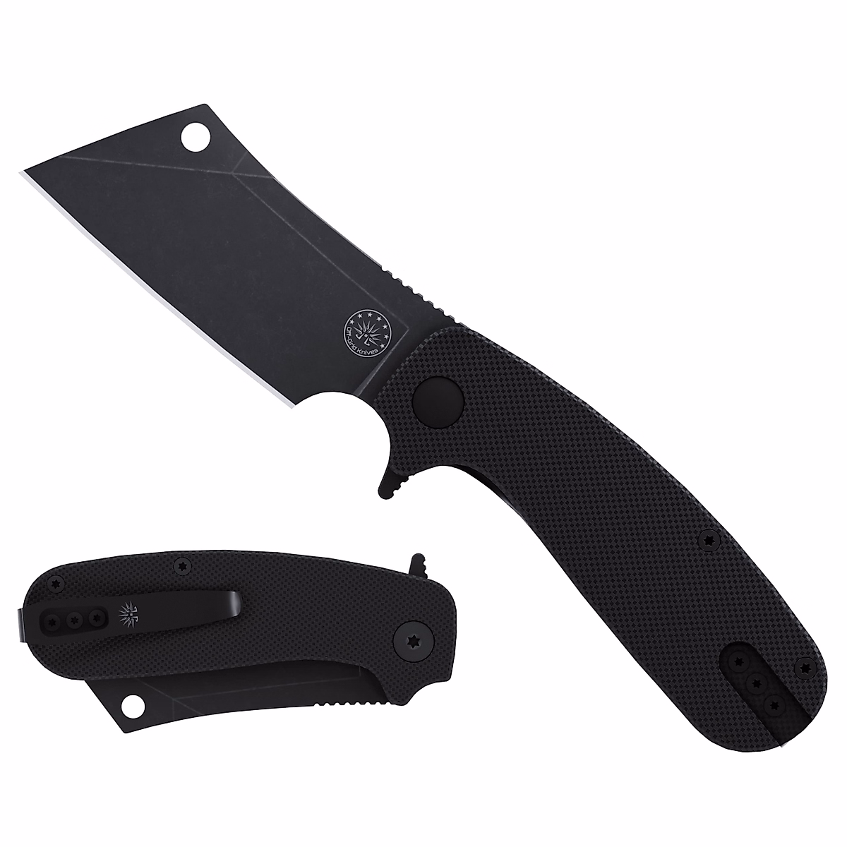 Off-Grid Knives - Cleaver V2 Folding Knife, D2 Tumbled Black Cleaver Blade, G10 Scales, Ceramic Ball Bearings, Left & Right Hand Carry