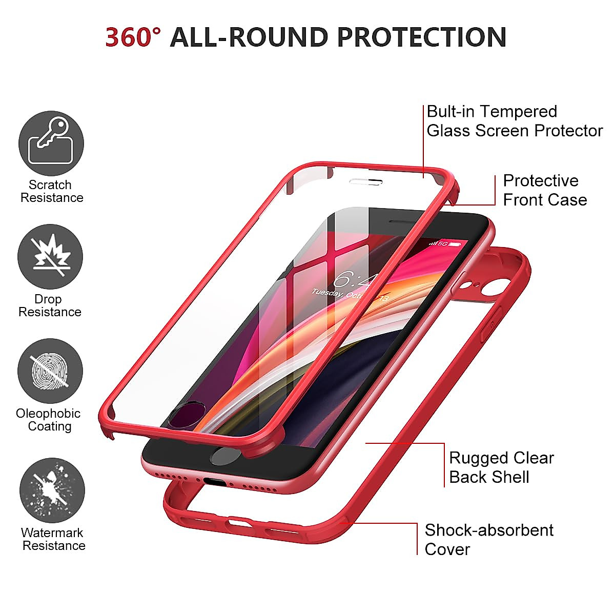 iPhone SE 2022 & 2020 Case, iPhone 8 Case [Built-in Glass Screen Protector] Military Grade Full Body 360 Shockproof Stylish Bumper Transparent Back Case Cover for iPhone SE 2020/ iPhone 8 (Red)