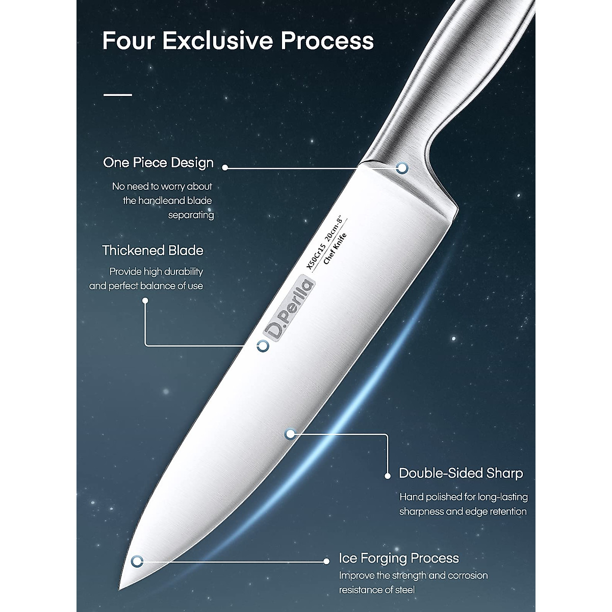 D.Perlla Knife Set, 14 Pieces Kitchen Knife Set with Clear Acrylic Knife Holder, Stainless Steel Super Sharp Chef Knife with Hollow Handle in One Piece Design