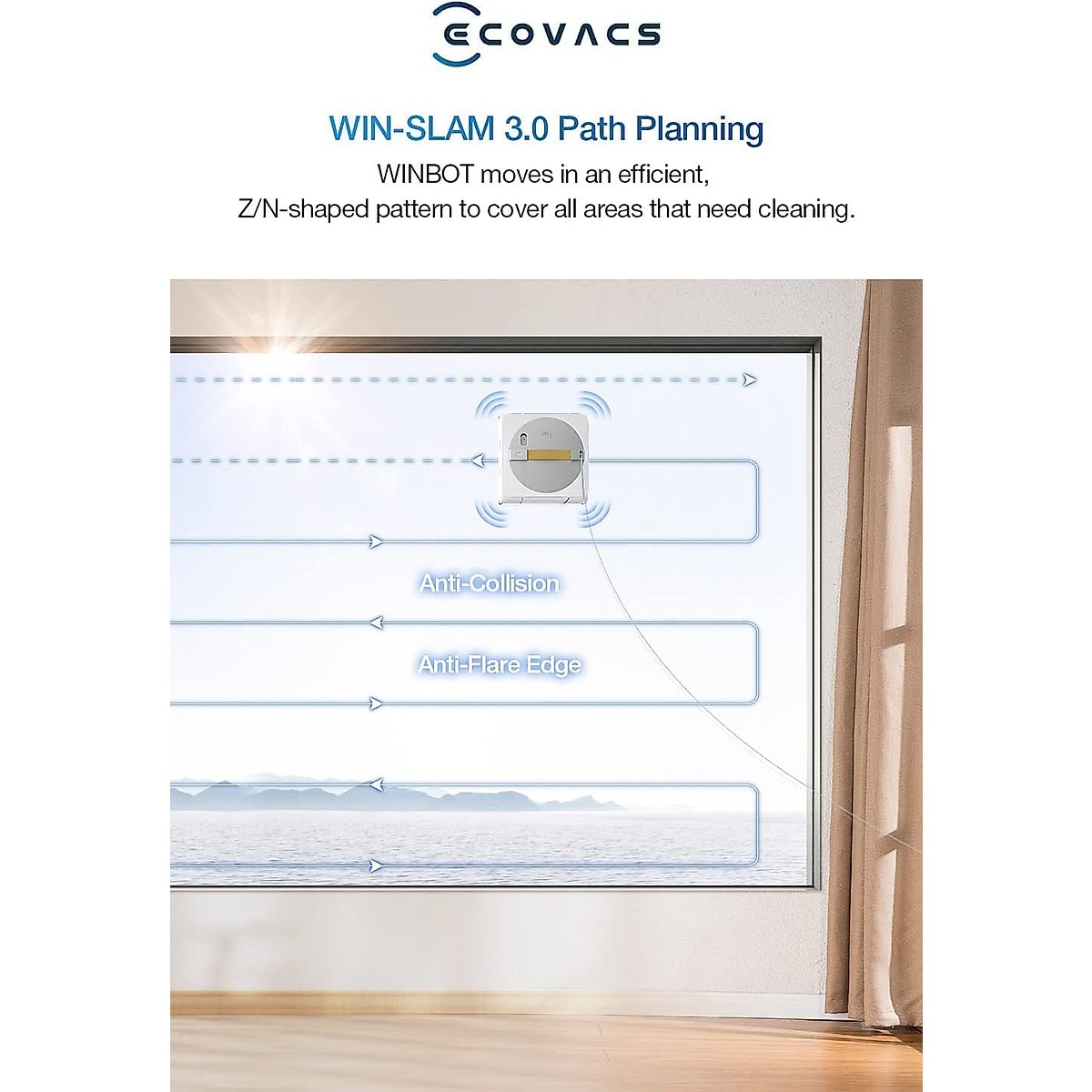ECOVACS Winbot W1 Pro Window Cleaning Robot, Intelligent Cleaning with Dual Cross Water Spray Technology, Win SLAM 3.0 Path Planning, 2800Pa Suction Power, Edge Detection Technology, App Control,Grey