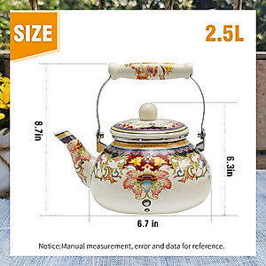 Saihisday 2.5L White Flowered Tea Kettle with Ceramic Handle, Floral Ceramic Enamel Teapot for Stovetop, No Whistle