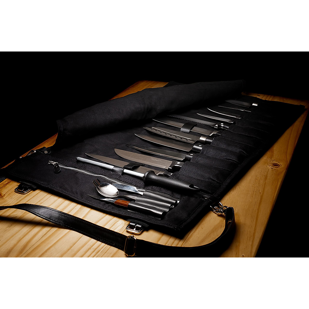 EVERPRIDE Chef Knife Roll Bag Holds 12 Knives and Cooking Tools – Durable, Large Knife Case Made of Canvas and Genuine Leather – Elegant Chef Bag for Professional Cooks – Knives Not Included