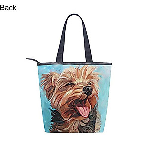 Women's Handbags Canvas Shoulder Bags Happy Yorkie Puppy Handbag Retro Casual Tote Purses
