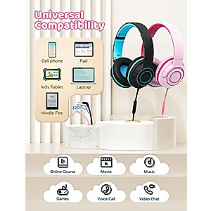 Kids Headphones Wired with Microphone, 85/94dB Volume Limit, Foldable Adjustable Headphone for Girls Boys Children, Tangle-Free 3.5mm Jack Wired for Study, School, Kids Headset for iPad (pink&black)