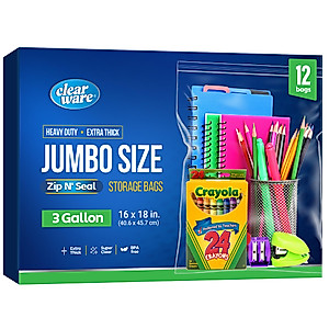12 Large Plastic Bags With Zipper Top - 3 Gallon Bags 16" x 18", Extra Large Storage Bags for Clothes, Travel, Moving, Large Reusable freezer bags, BPA-Free, 2-mil Thick Clear Plastic Bags