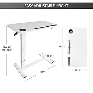 Over bed Table Pneumatic Adjustable Height Stand Desk with hidden Wheels USB Ports Pad slot Mobile Laptop Standing Desk Cart, Podium table (White, 32X16 inshes)