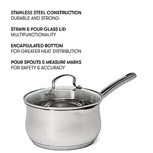 Cooking Light Stainless Steel Saucepan, Classic Belly Shape Cookware, Dishwasher and Oven Safe Pots and Pans, 3 Quart