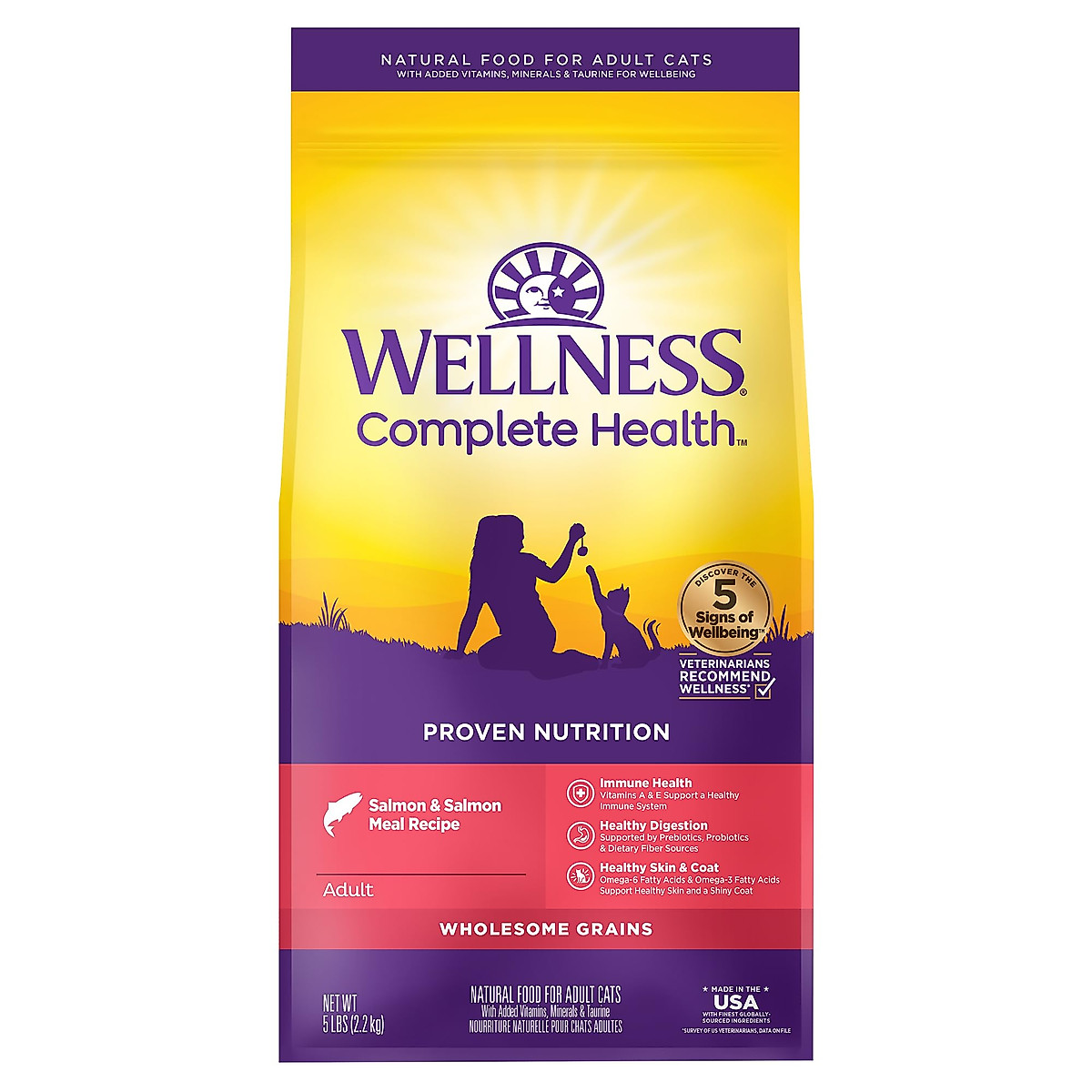 Wellness Complete Health Natural Dry Cat Food with Wholesome Grains, Made in USA with Real Meat (Adult, Salmon & Salmon Meal Recipe, 5-Pound Bag)