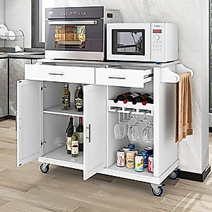 Rolling Kitchen Island Cart on Wheels, with Stainless Steel Countertop, 2 Storage Drawers & Goblet Holder & Spice Shelf, Towel Rack, for Dining Room, Restaurant, White