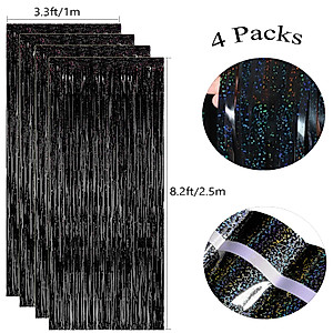 4 Pack Black Tinsel Foil Fringe Curtains, Slmeno Glitter Metallic Foil Curtain Backdrop for Party Decor, Photo Booth Backdrop Streamer for New Years Graduation Celebration Black Birthday Decorations