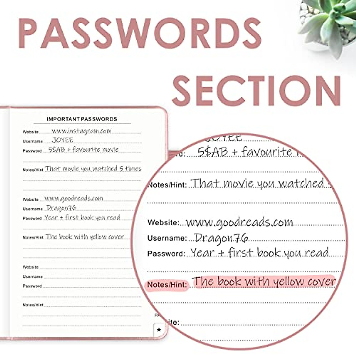 JXSELECT Elegant Address Book with Alphabetical Tabs, Hardcover Address Log Book & Password Keeper, with Contacts, Phone Numbers, Birthdays, Anniversaries and Notes Section (5.2x7.7") (Rose Gold)