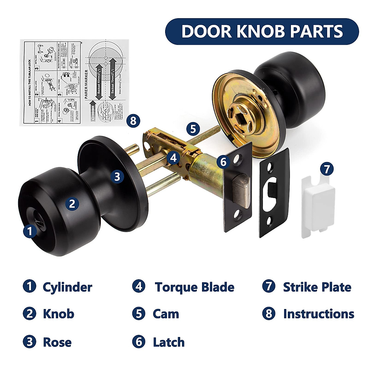 GRAUERHUND 10 Pack Matte Black Door Knobs Privacy Interior Lock Passage Bedroom Bathroom Keyless Doorknob Door Handle Lockset Hardware and Instruction Included