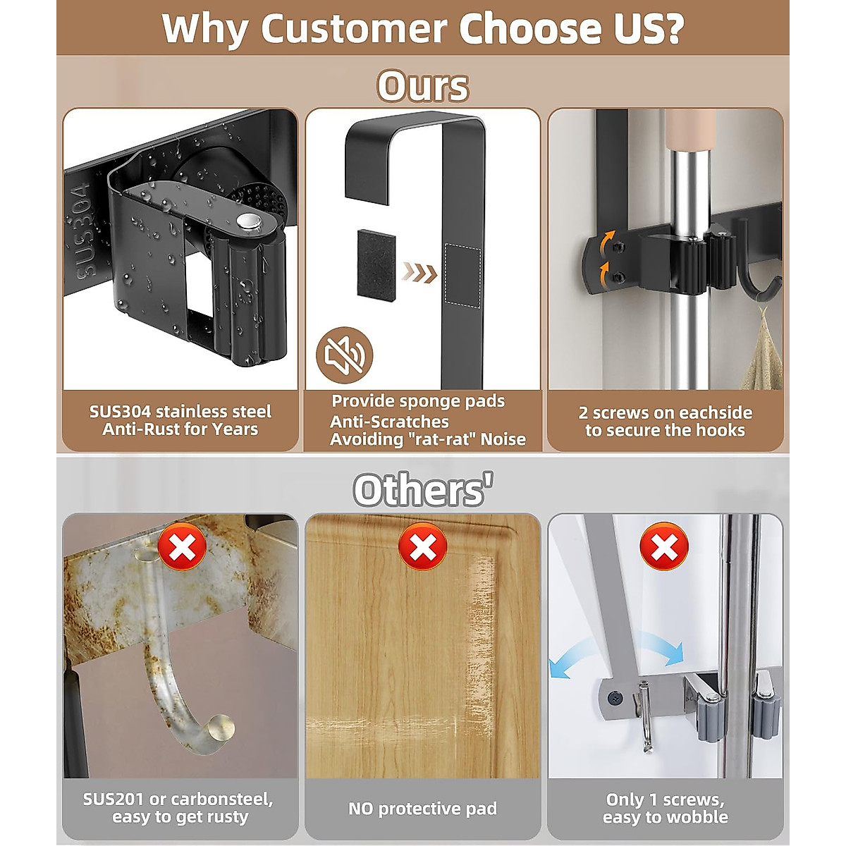 PrimZooty Broom Holder Over The Door - 304 Stainless Steel Mop and Broom Holder Wall Mounted or Hanging Over The Door with Hooks - Broom Hanger, Broom Storage Tool Organizer for Garage Closet Laundry