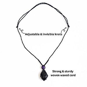 CrystalsMacrame Black Obsidian and Amethyst crystal necklace for protection and healing, handmade necklace with 2 stones pendant jewelry for women men teen girls boys