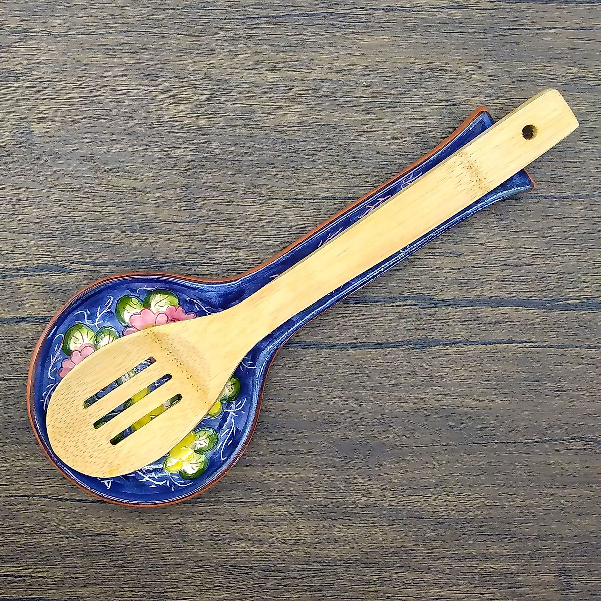Handmade Hand Painted Portuguese Pottery Ceramic Spoon Rest (Floral), 11'' x 4.75'' x 0.5'' inches