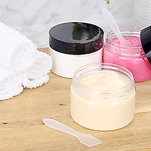 Cornucopia 4oz Clear Plastic Jars with Labels & Spatulas & Lids (24-Pack); Straight Sided PET Low Profile BPA-Free Containers