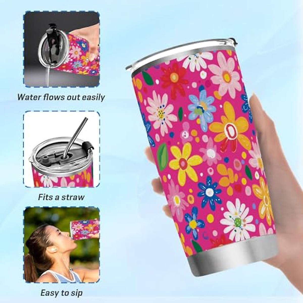 sanluoli Fresh Little Flowers Peach Stainless Steel insulated water bottle with Straw Leak Resistant Flip coffee mug for men for Home, Office or Car portable straw tumbler 20 OZ