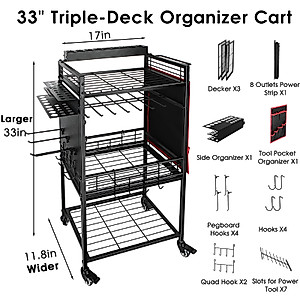 ElecVoztile Power Tool Organizer Cart w/Charging Station, 8 AC Outlets, 8 Drills Holders, 3-Layer Storage Shelves, 4 Wheels w/Brake, More Space for Plier, Screwdriver, Hammer, Wrench, etc (Black)