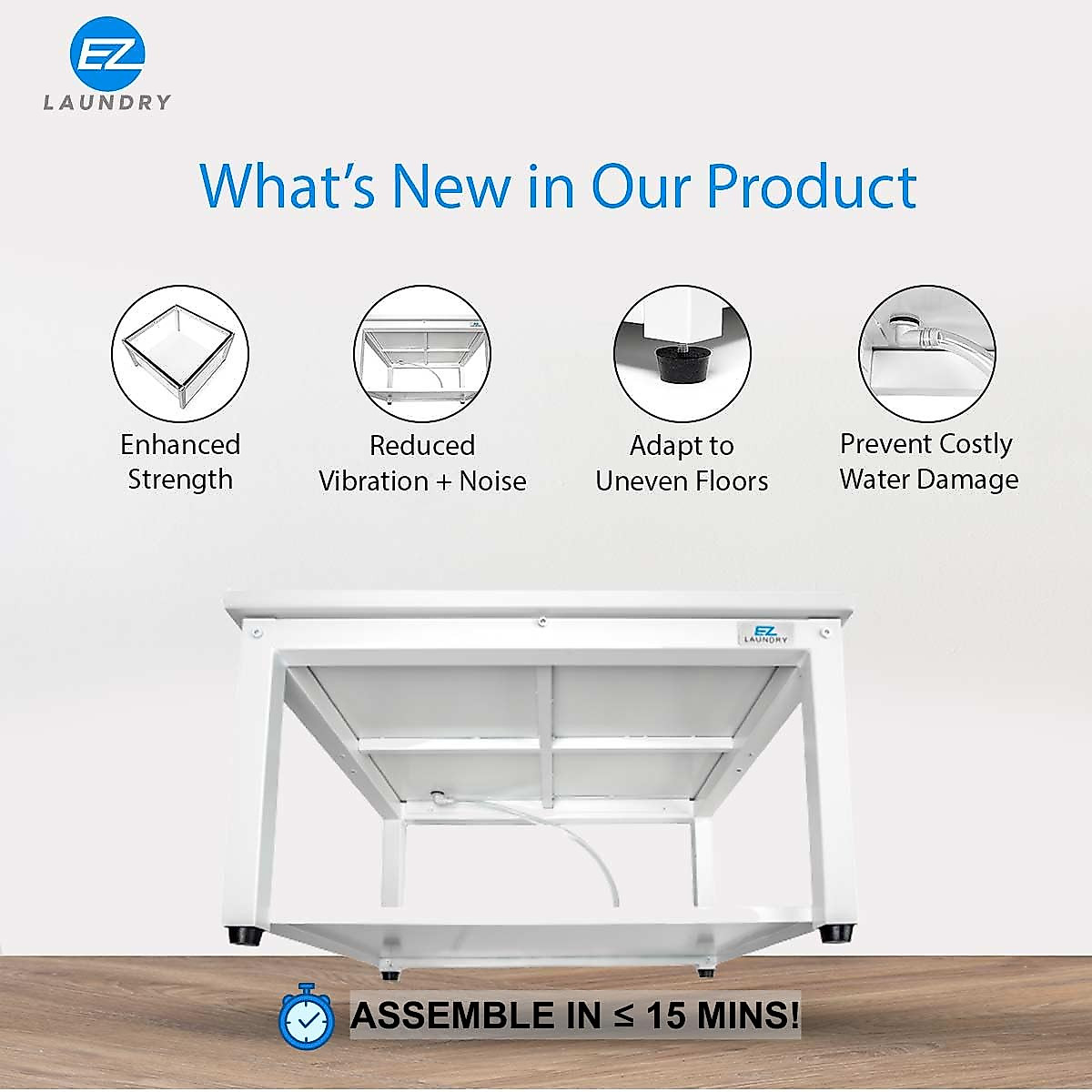 EZ Laundry | Upgraded 29” Universal Laundry Pedestal – 700lbs Capacity, Raises 16” with Built-in Drain Pan + Hose, Adjustable Feet, Anti-Vibration, Steel & Storage Shelf for Washer & Dryer (White)